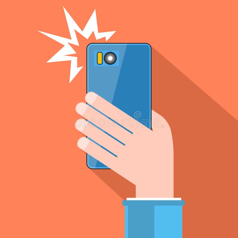Taking Selfie with Flash. Hand with Smartphone. Vector. Stock Vector ...
