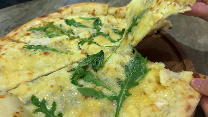 Taking Slice of Pizza with Super Stretching Stretchy Cheese Pizza with ...