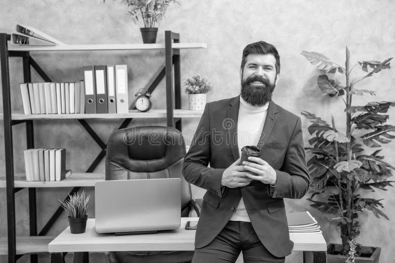 Taking a Tea Break. Happy Boss Hold Takeaway Cup. Work Break. Rest in ...