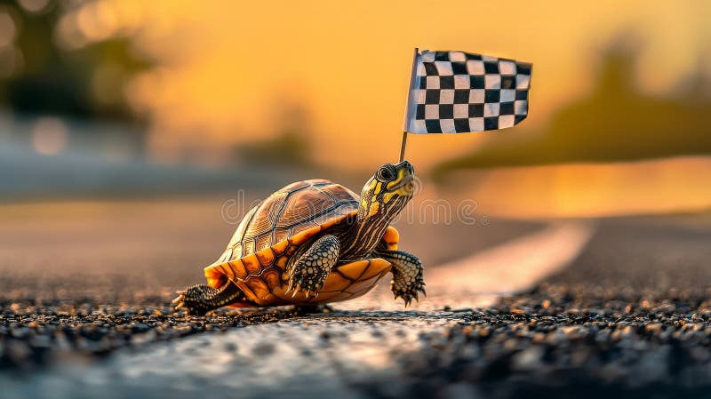 Taking a Turtle Across the Finish Line at Sunset with a Checkered Flag ...