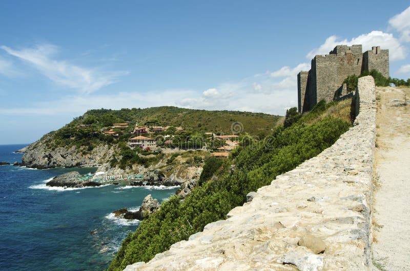 Talamone Rock Beach and Medieval Fortress at Sunset. Maremma Argentario ...