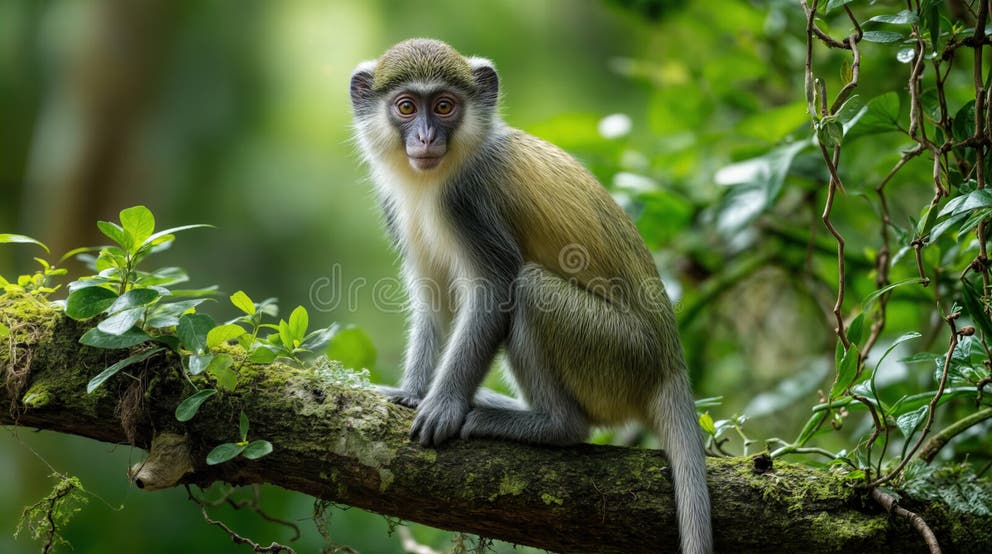 A Talapoin Monkey Miopithecus Sitting on a Moss-covered Tree Branch ...