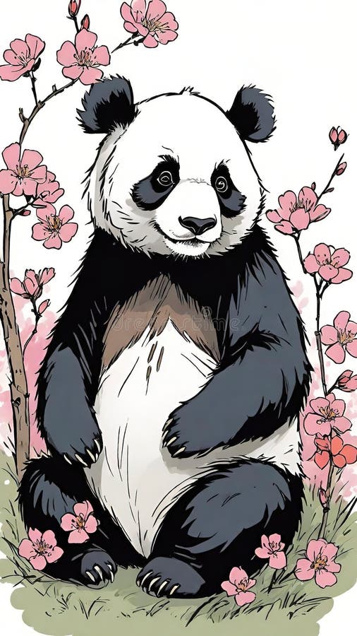 Panda and Cherry Blossom on Background, Vector Illustration. Stock ...