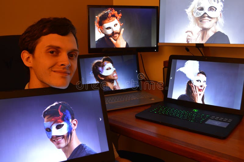 Man Working in Office with Multiple Computer Screens Stock Image ...