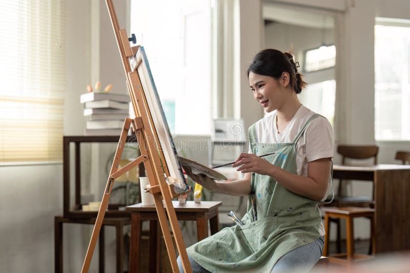 Talented Artist Painting in Bright Workshop. Creative Process Captured ...