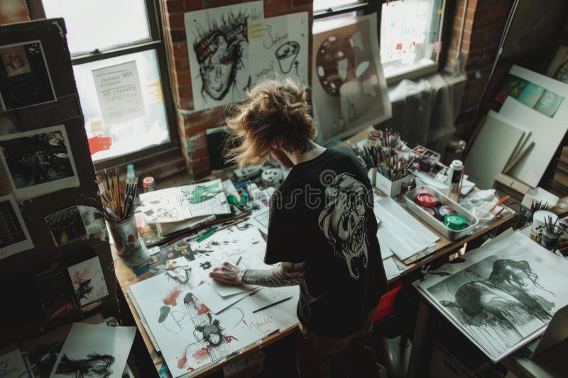 Talented Artist in Studio, Surrounded by Paintings and Tools, Focused ...