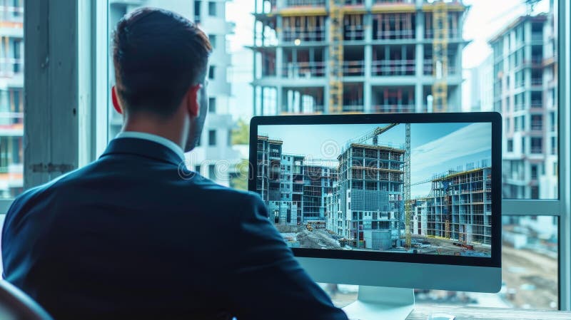 Talented Businessman Presenting New Construction Project on Computer ...