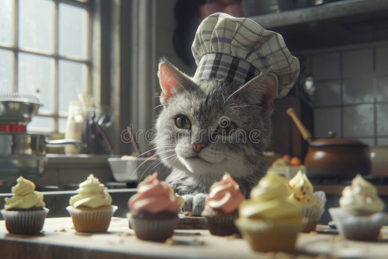 A Talented Cat Chef Wearing a Chefs Hat with Adorable Cupcakes in a ...