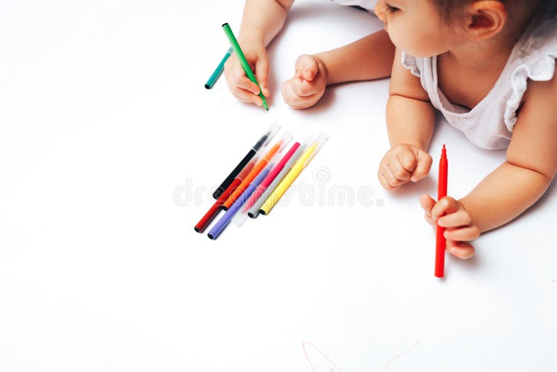 Talented Children Draw with Colored Felt-tip Pens on White Paper ...