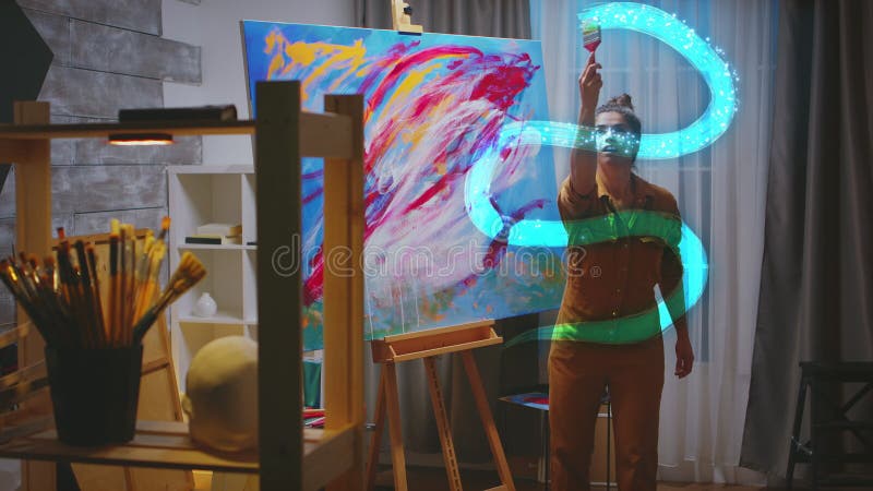 Talented Female Painter Using Augmented Reality Stock Video - Video of ...