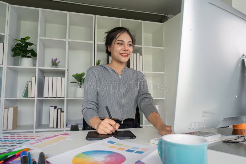 Creative Graphic Designer Working on Computer in Modern Office with ...