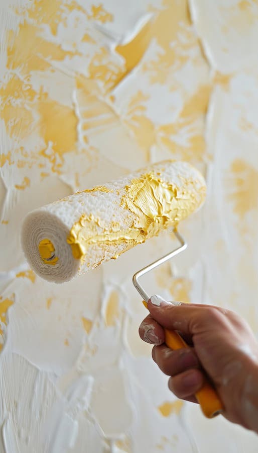 Talented Painter Skillfully Using Paint Roller To Coat Wall Surface ...