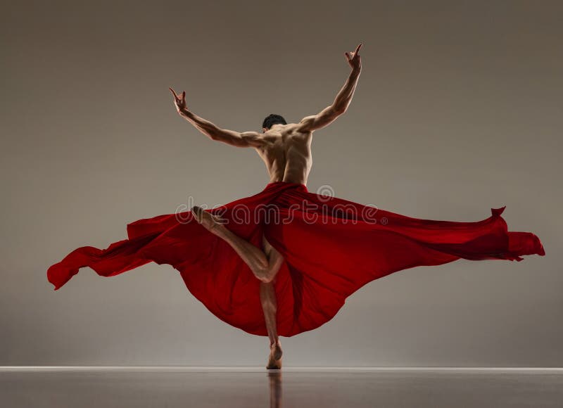 Talented Performance. Handsome Man, Ballet Dancer Dancing with Red Silk ...
