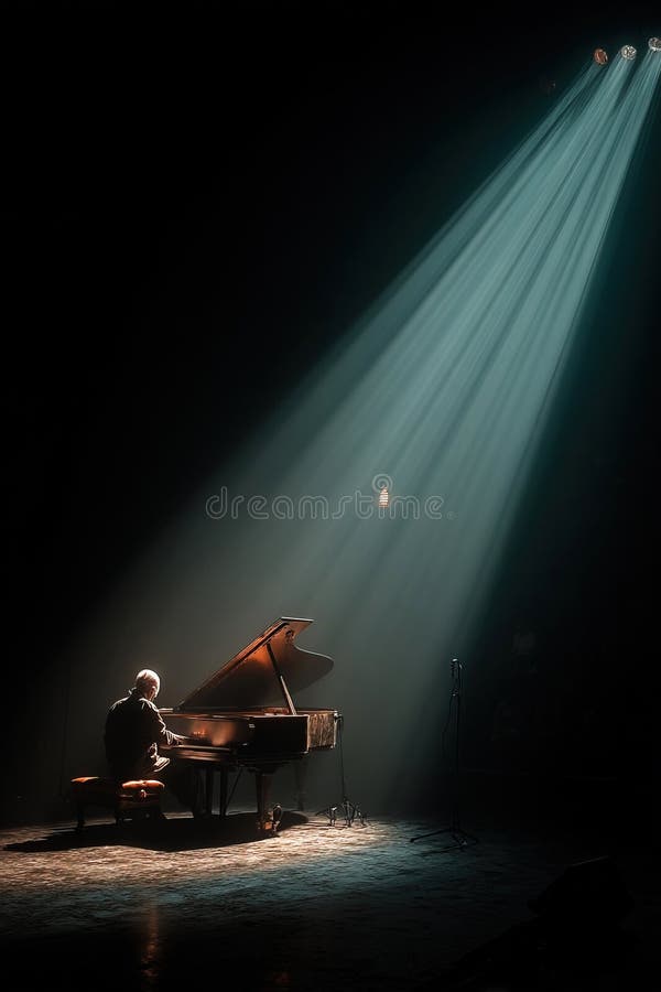 Pianist Performing on Stage Under a Dramatic Spotlight during a Concert ...