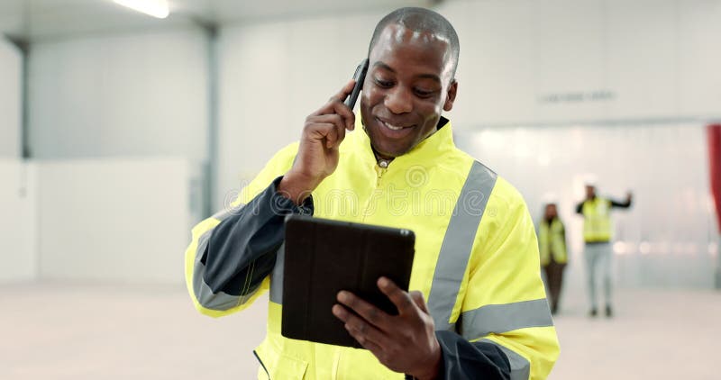 Talking, Architect and Black Man with a Tablet, Calling and ...