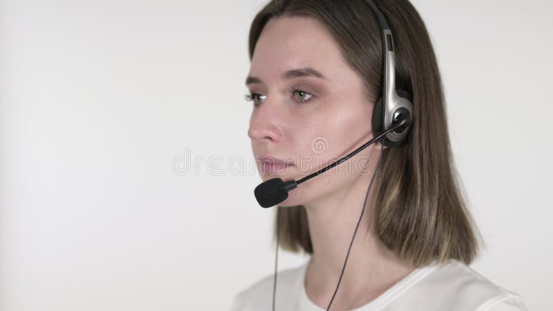 Talking Call Center Woman with Headset on White Background Stock Image ...