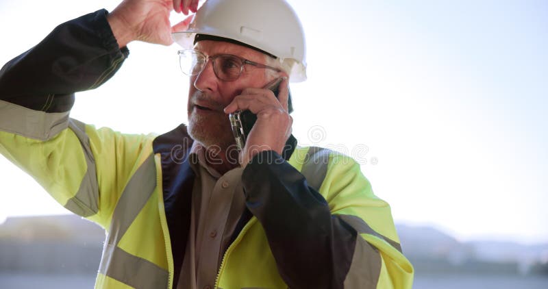 Talking, Contractor and Phone Call on Building Site for Communication ...