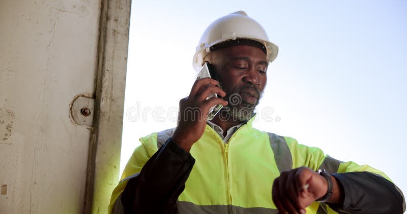 Talking, Contractor and Phone Call Building Site for Communication ...