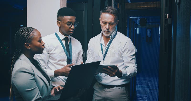 Talking, Cybersecurity and Business People with Tech in Server Room for ...