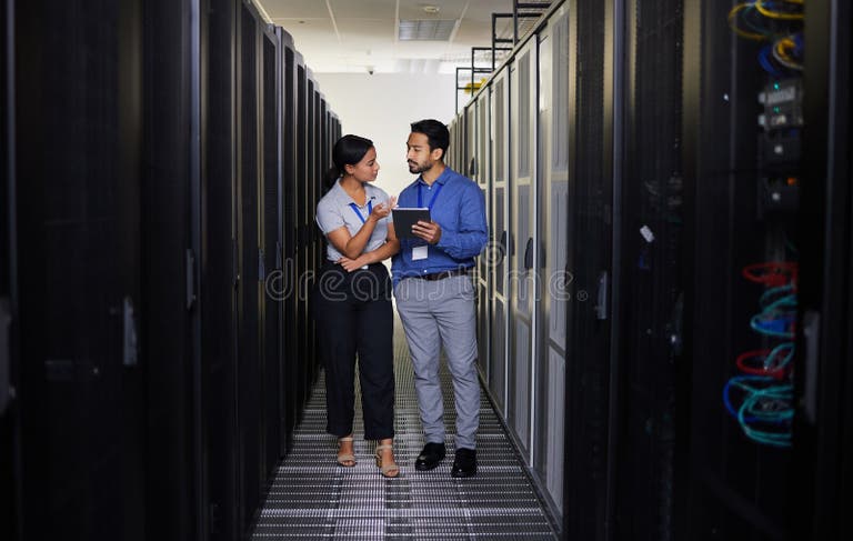 Talking, People and Technician in Server Room with Tablet for ...