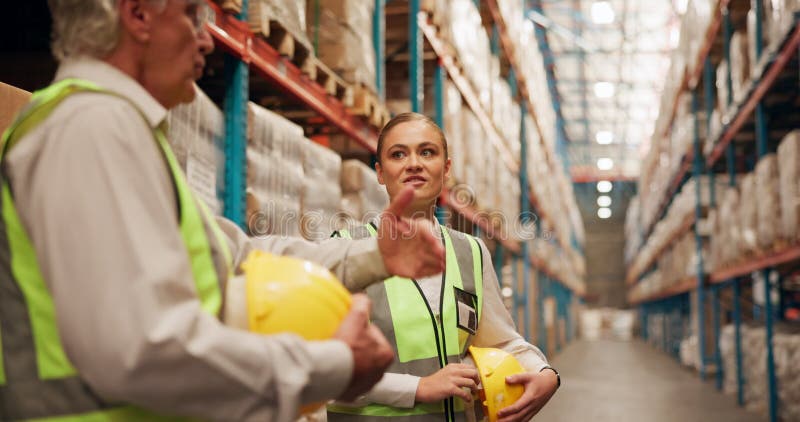 Talking, Safety and Woman in Construction at Warehouse with Information ...
