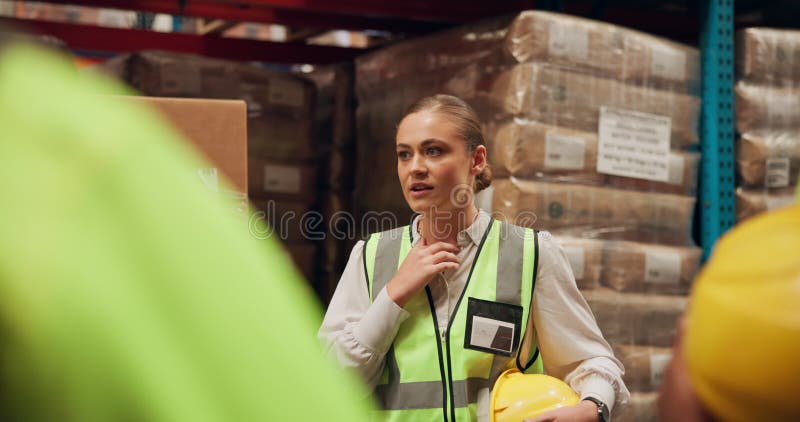 Talking, Safety and Woman in Construction at Warehouse with Information ...
