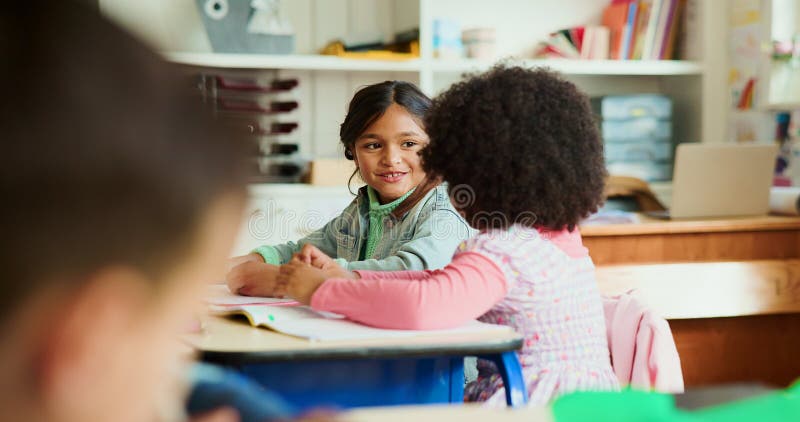 Talking, Students and Girls in Classroom, Education or Learning with ...