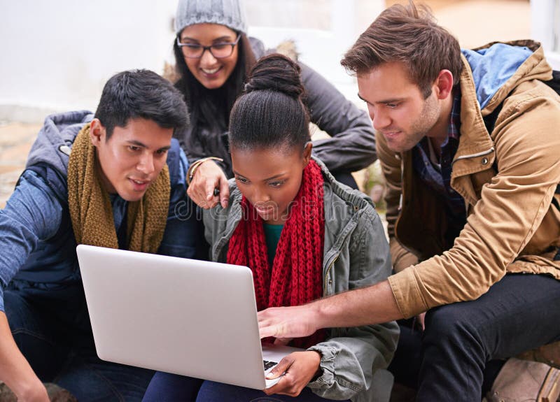 Talking, University and Students with Laptop on Campus for ...