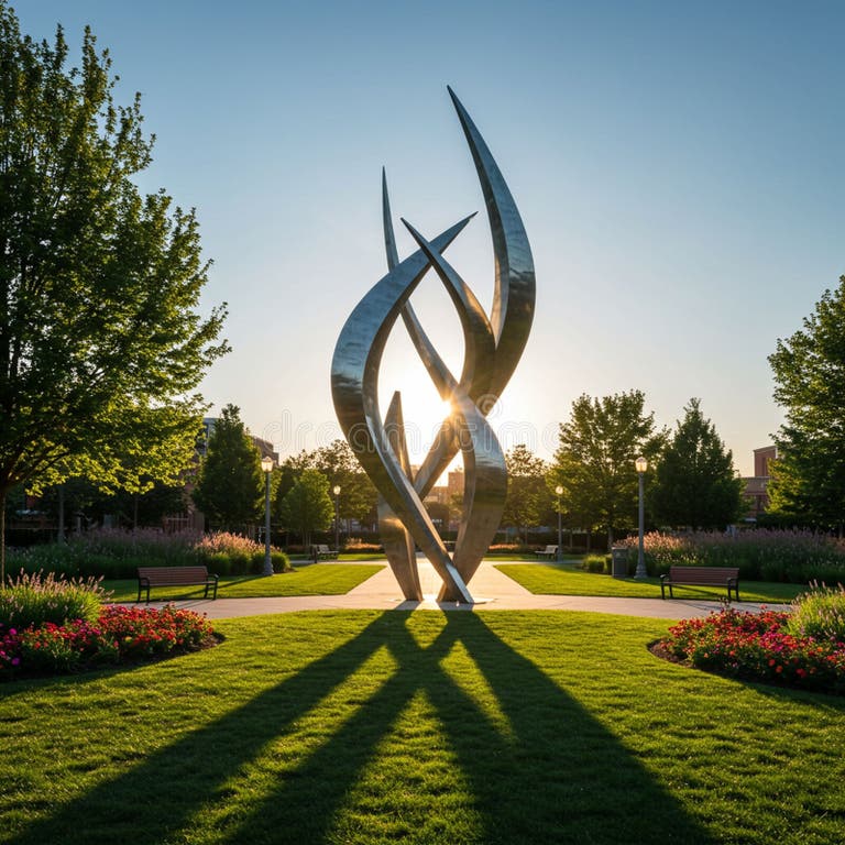 A Tall, Abstract Metallic Sculpture Featuring Twisting, Intertwined ...