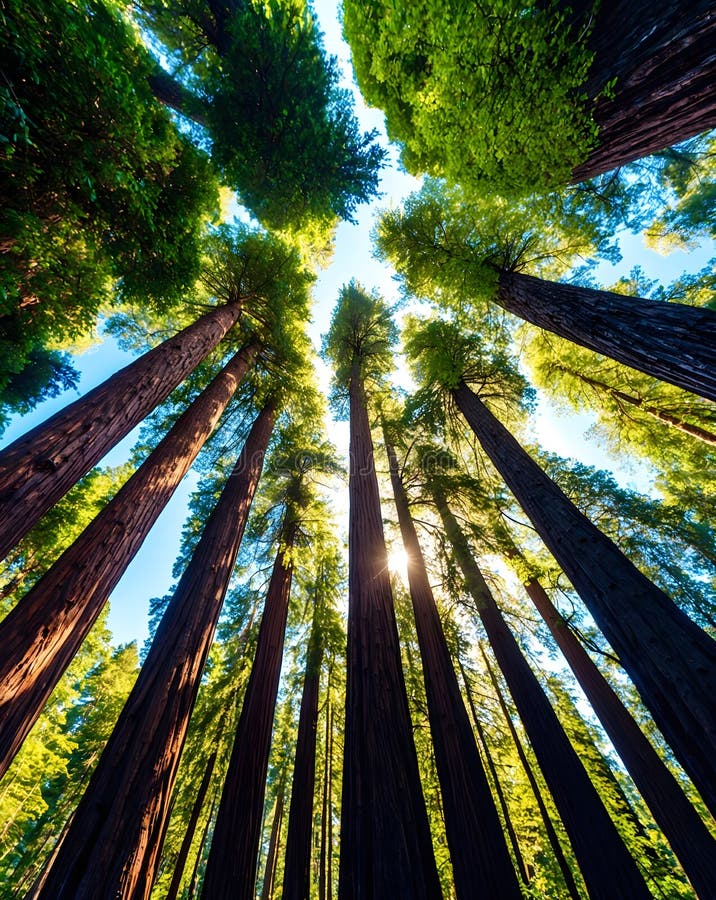 Tall, Ancient Redwood Trees Reaching Up Towards a Bright Blue Sky Stock ...