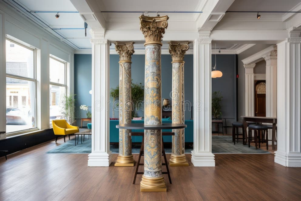 Tall Antique Column with Engraved Patterns in a High Ceiling Office ...