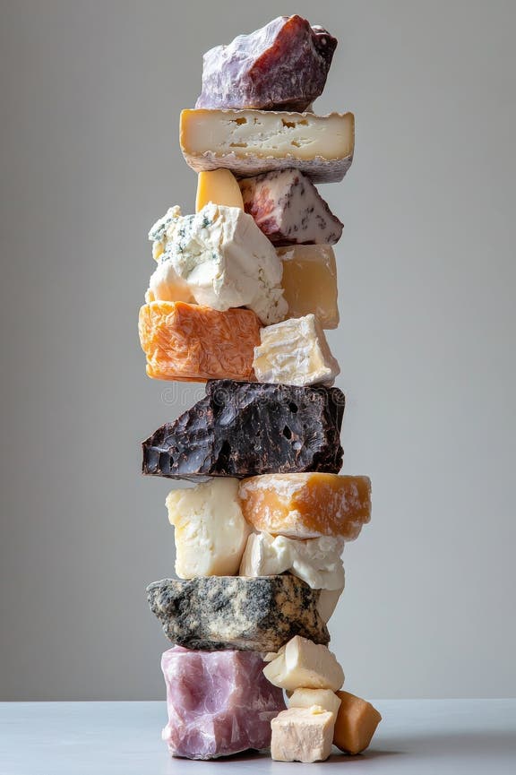 A Tall, Artful Stack of Different Cheeses with Unique Textures and ...