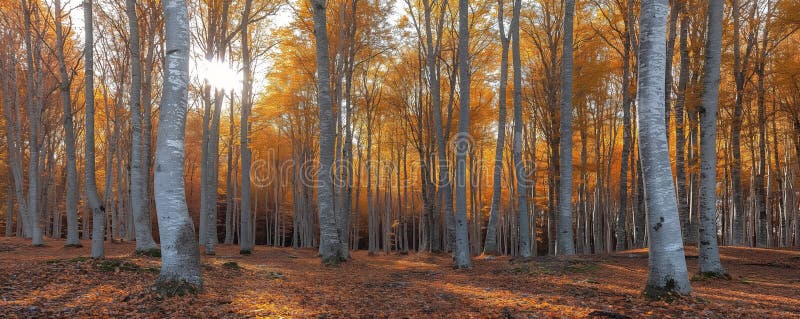 Sunlit Tall Beech Trees in Autumn Forest Stock Image - Image of ...