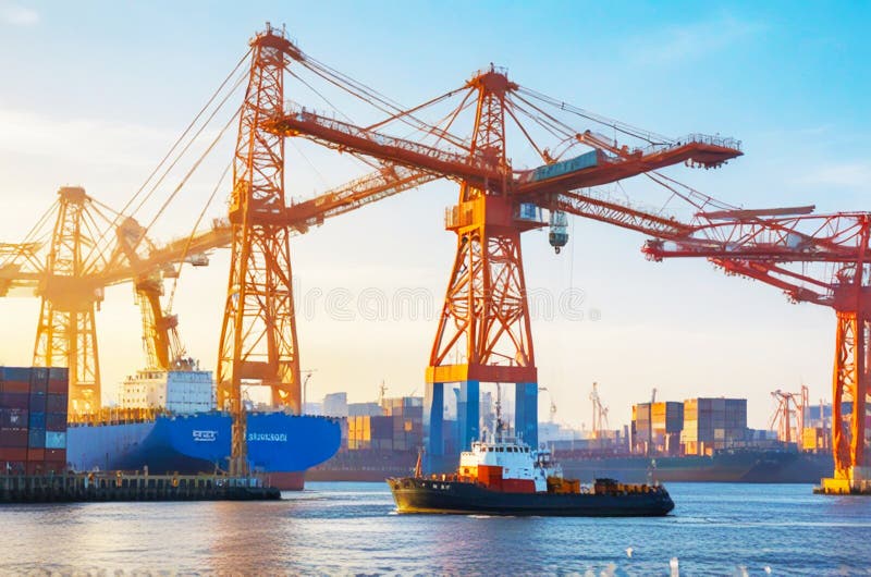 Generative Ai, Tall and Big Crane with Container Carrying Cargo Ship ...