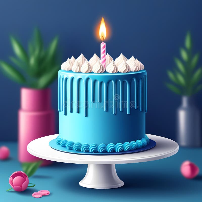 Tall Birthday Cake with Burning Candle on Blue Background Stock ...
