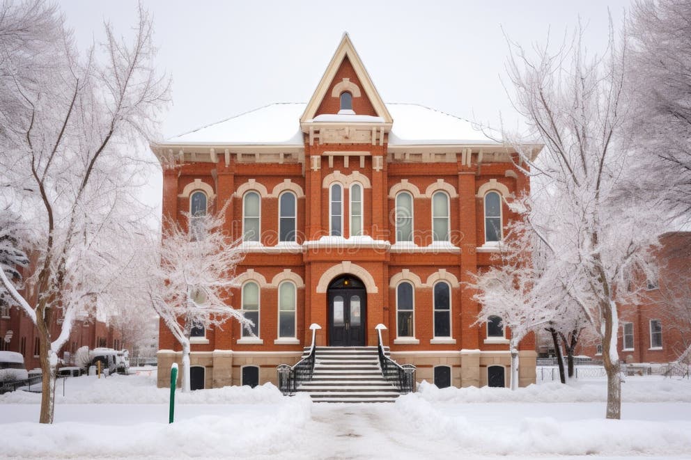 Tall Brick Courthouse Covered in Winter Snow Stock Image - Image of ...