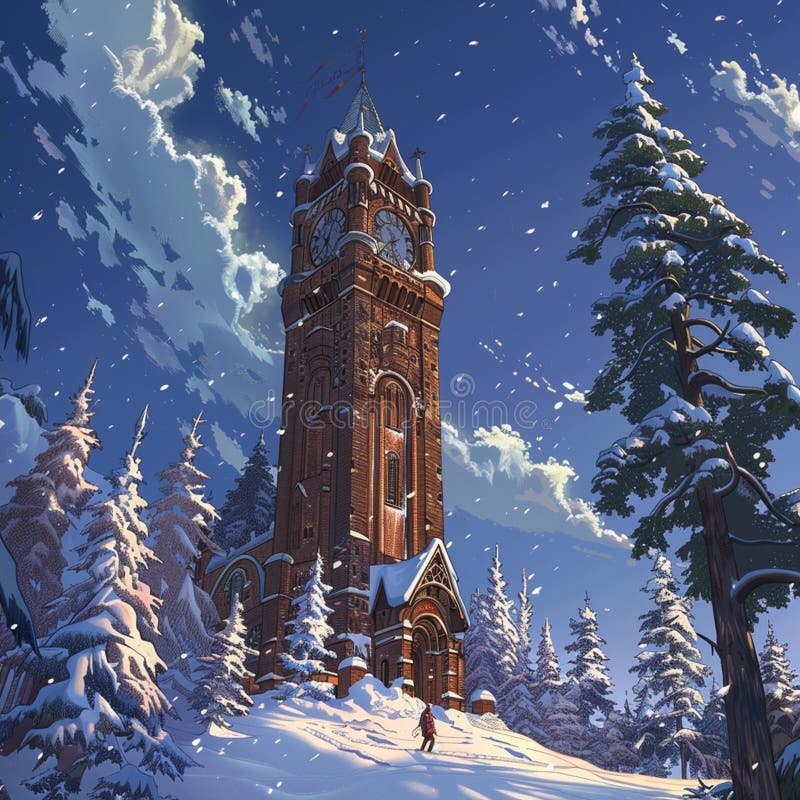 Tall Brown Brick Clock Tower with Snowy Slope Stock Image - Image of ...