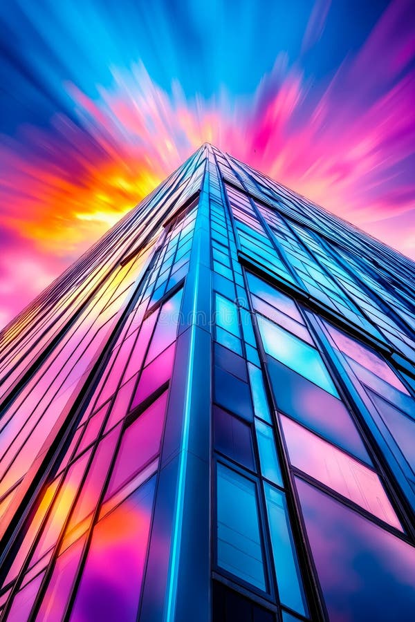 A Tall Building with a Colorful Sky in the Background Stock Image ...