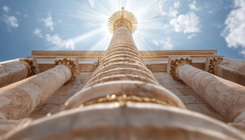 A Tall Building with Columns Under a Bright Sun and Scattered Clouds ...