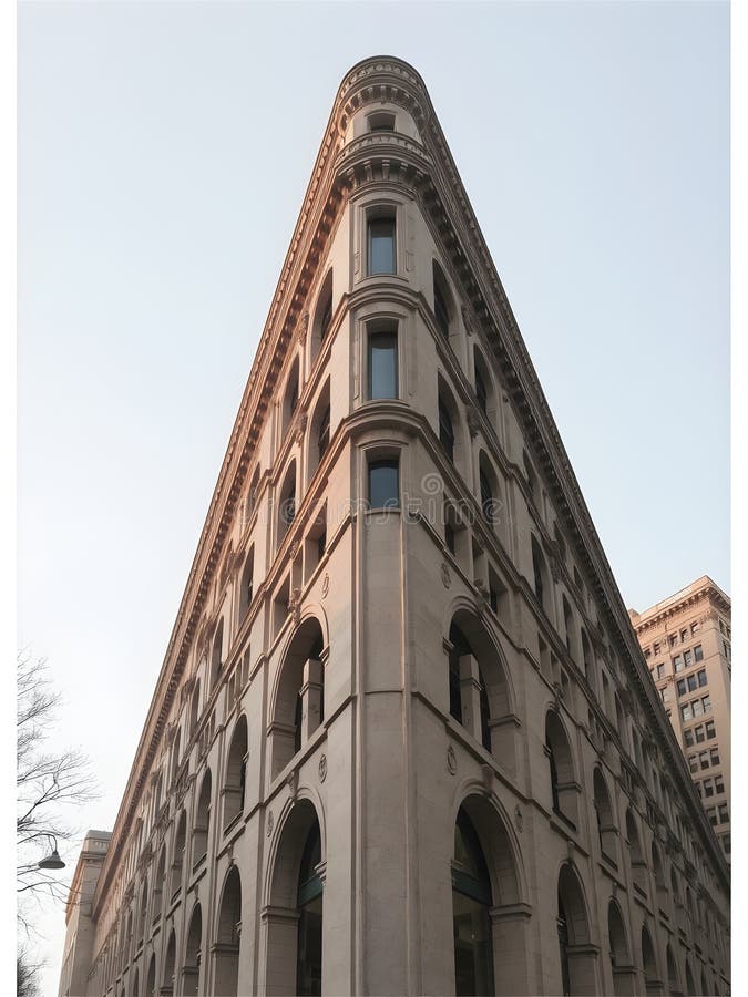 A Tall Building with a Curved Corner and Arched Windows Stock ...