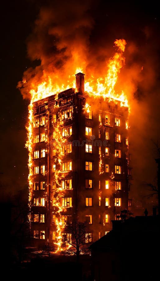 Tall Building Engulfed in Flames during a Devastating Nighttime Fire ...