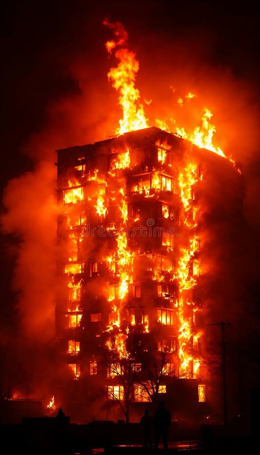 Tall Building Engulfed in Flames during a Devastating Nighttime Fire ...