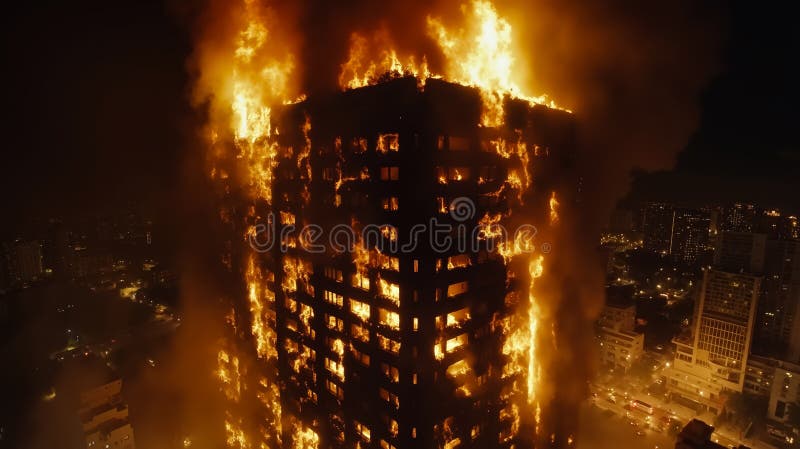 Building Engulfed in Flames, Firefighters Battling Blaze Amidst Smoke ...