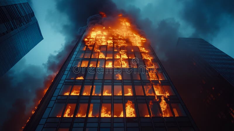 A Tall Building is Engulfed by Flames in the Middle of a City Stock ...