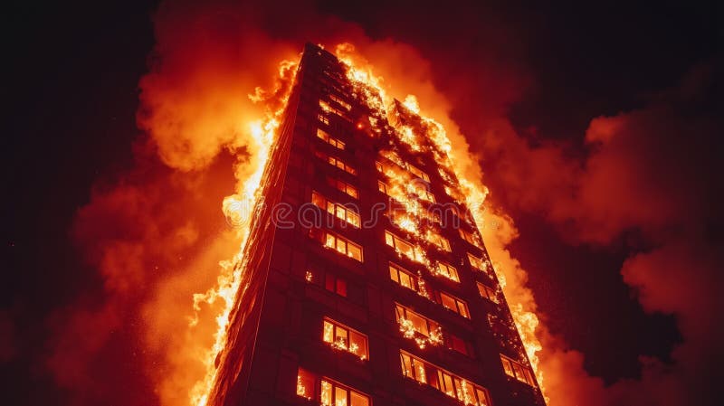 Building Engulfed in Flames, Firefighters Battling Blaze Amidst Smoke ...