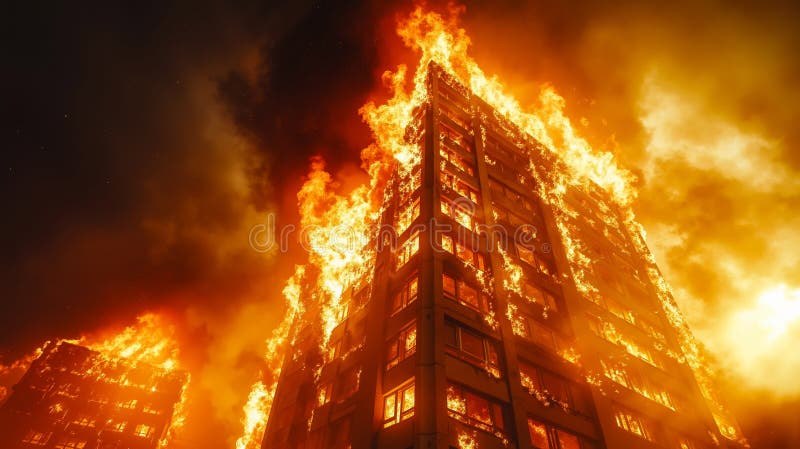 Building Engulfed in Flames, Firefighters Battling Blaze Amidst Smoke ...