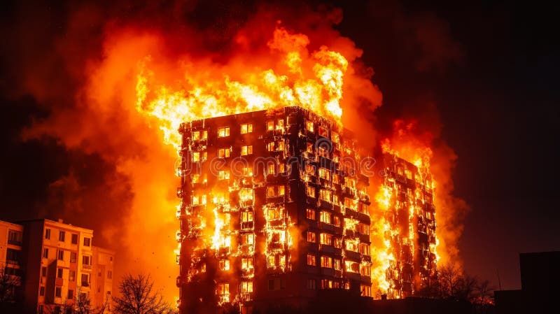 A Tall Building is Engulfed by Flames at Night Stock Photo - Image of ...