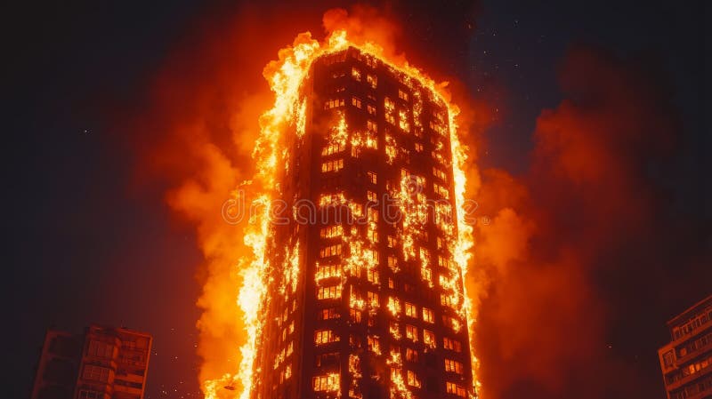 A Tall Building is Engulfed by Flames at Night Stock Photo - Image of ...