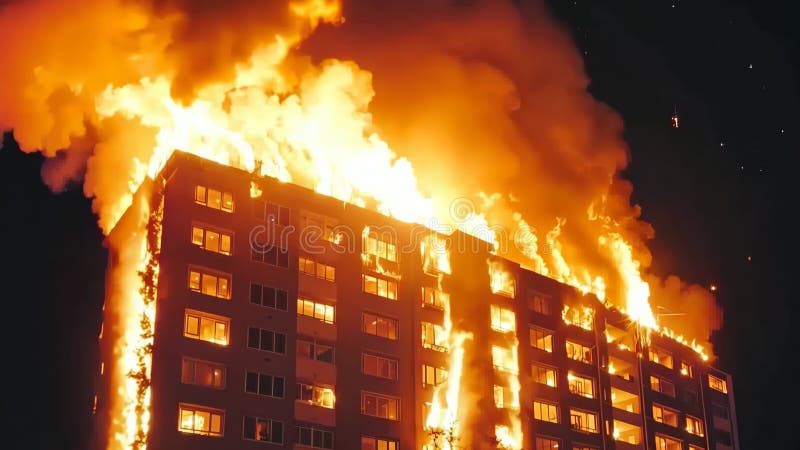 Building Engulfed in Flames, Firefighters Battling Blaze Amidst Smoke ...