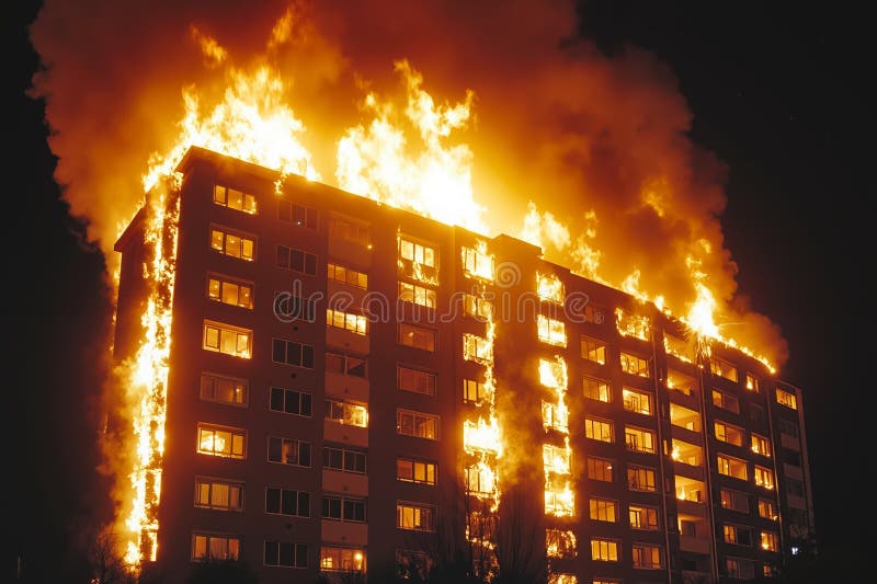 A Tall Building is Engulfed by Flames at Night Stock Image - Image of ...